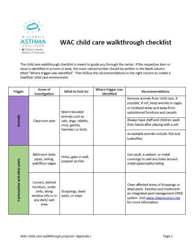 Child Care Walkthrough Checklist - Children's Health Alliance of Wisconsin